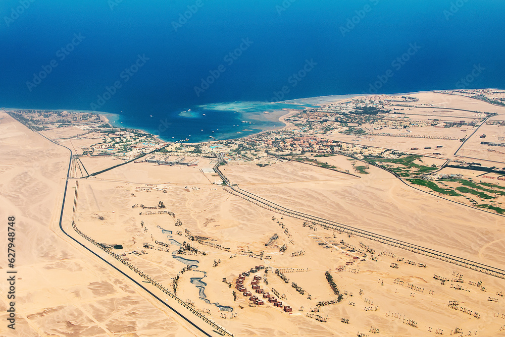 Aerial View of the Red Sea Coast in Hurghada, Egypt with many hotels ...