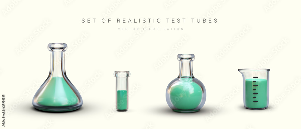 Collection of realistic labware filled with green liquid. Glass test ...