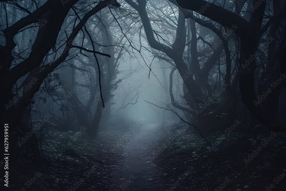 Misty forest path, with ethereal glow of ghostly apparitions, leading ...
