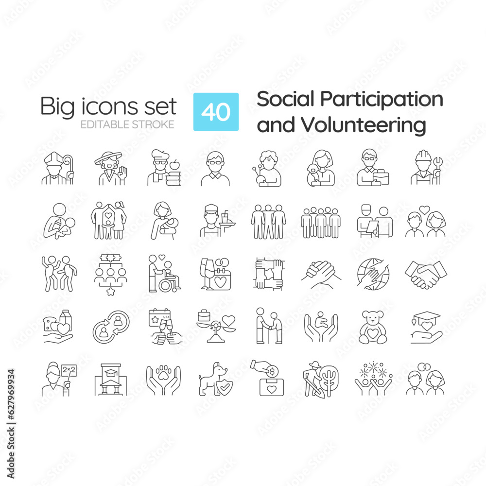 Social participation and volunteering linear icons set. Giving back to ...