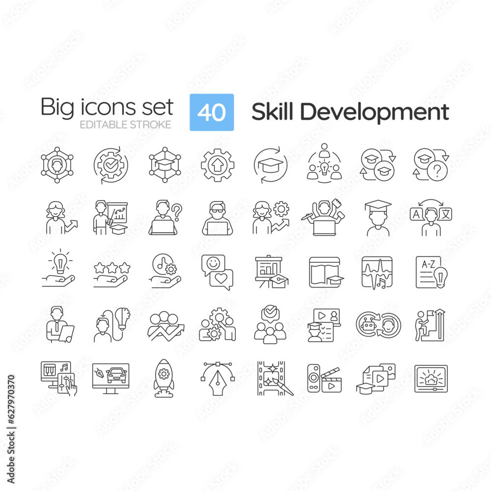Skill development linear icons set. Professional growth. Training ...