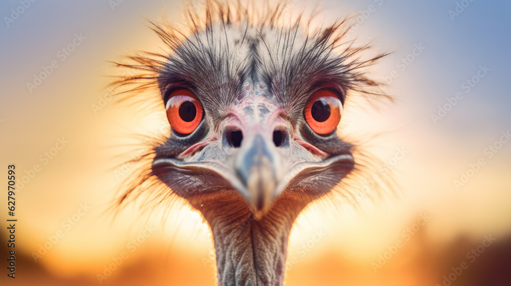 Head of ostrich on clear sky backdrop. Beak of ostrich. Portrait of ...