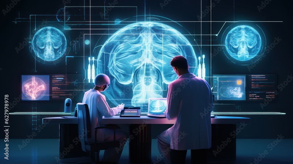 Analyse Patient MRI Scan on Computer Screen, Diagnose Brain, Brain Surgery Concept. Generative ...