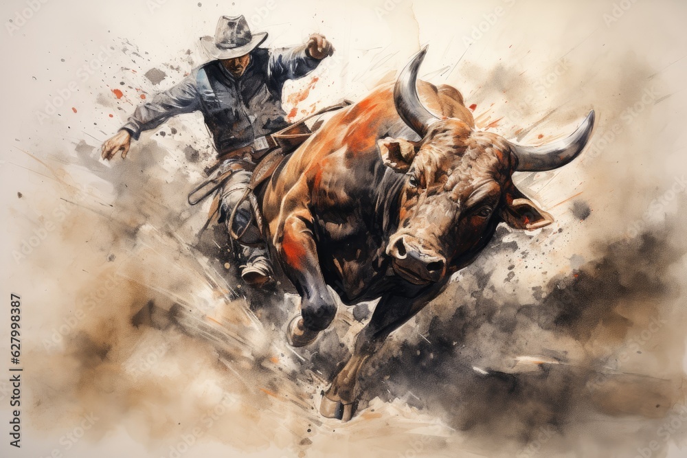 Cowboy tamer falling off the wild bull. Colorful pencil illustration on ...