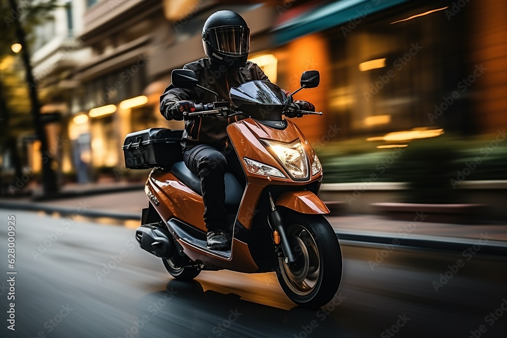 Delivery boy of takeaway on scooter with trunk case box driving fast in ...