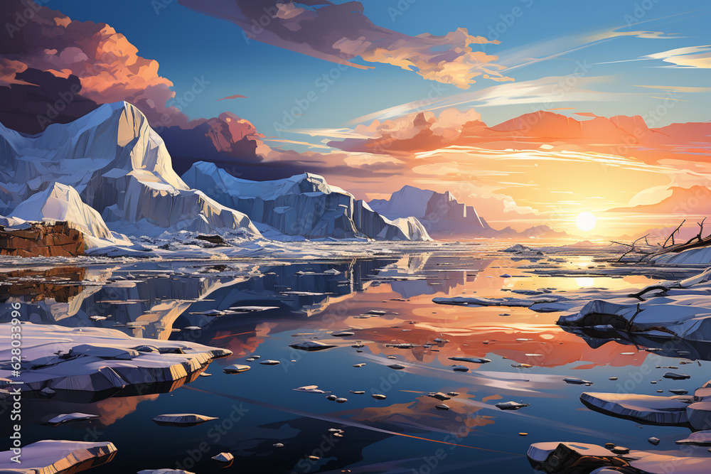 A composition of multiple icebergs, their varied shapes and sizes ...