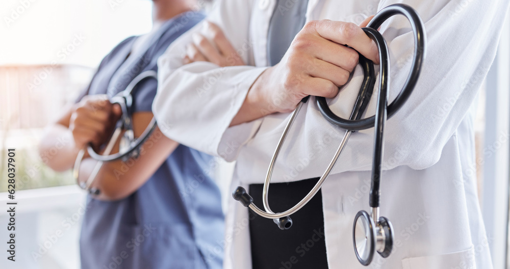 Stethoscope, arms crossed and doctors hands, people or teamwork on ...