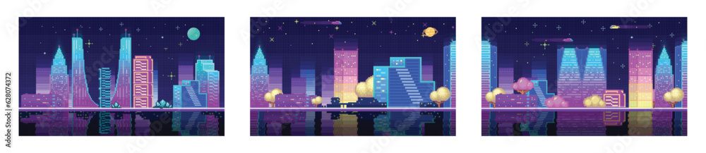 Retro video game pixelart city. Space wallpaper scene of futuristic ...