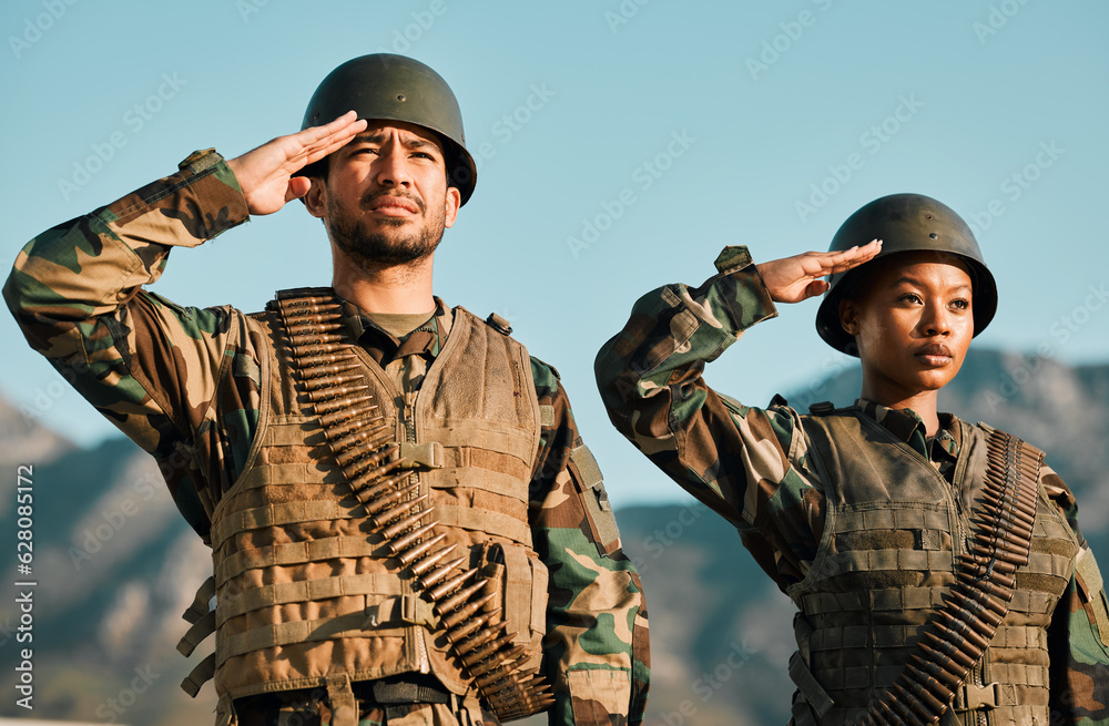 Salute, army and soldier with people in nature for training, military ...
