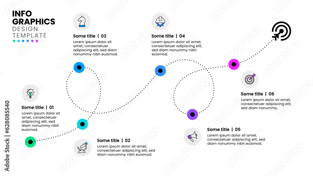 Vetor Infographic template. A line with 6 points and a goal at the end ...