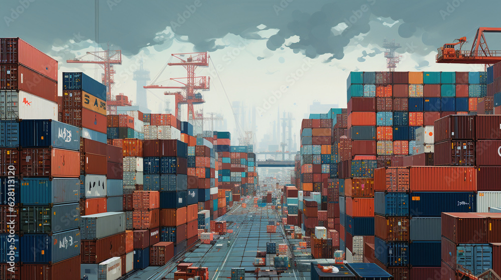 the organized chaos of a busy sea cargo port, with containers of ...