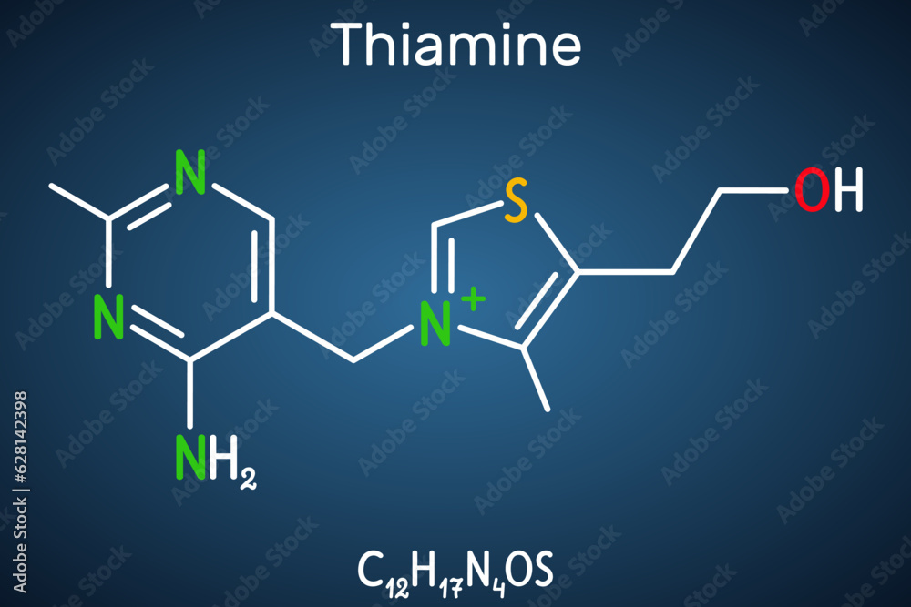 Thiamine, vitamin B1 molecule. Found in food, used as a dietary ...