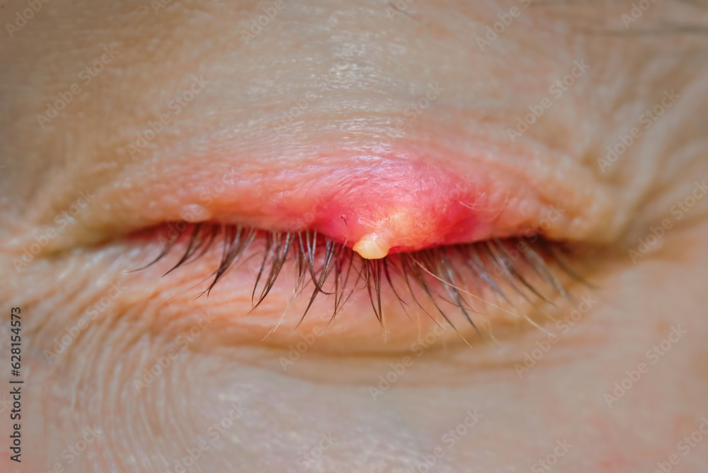 Chalazion on upper eyelid close up. Burst abscess with pus on eyelid ...