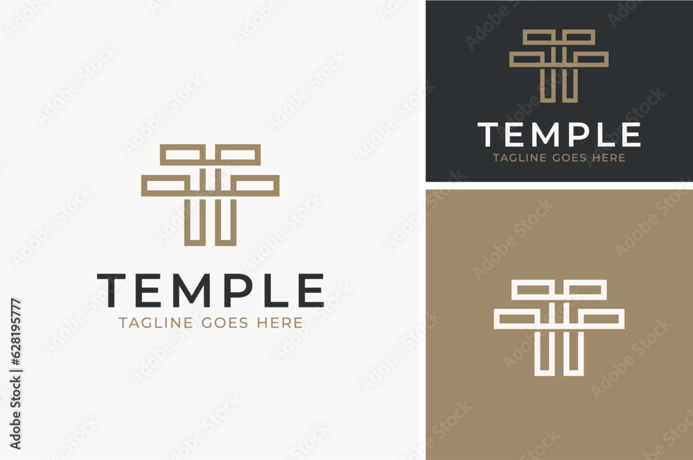 Initial Letter T Temple Tower Line Art logotype typography Lettering ...