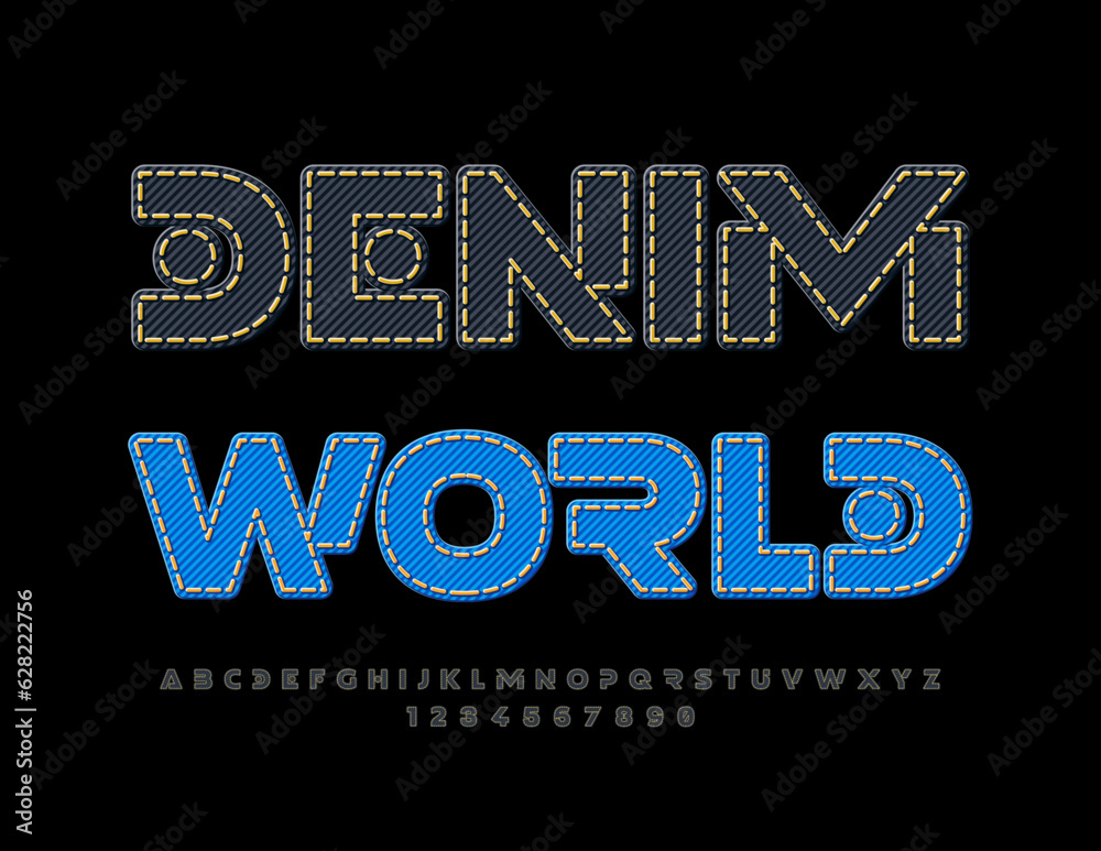 Vector trendy Poster Denim World. Denim Font with Yellow Stitches ...