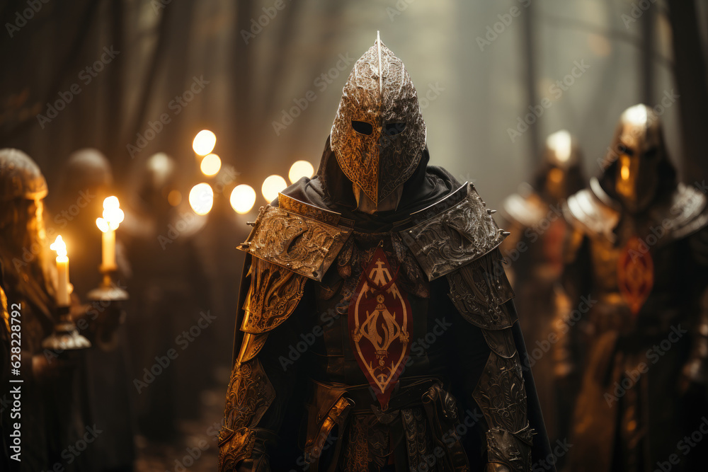 templar knights inside dark forest with torches, ordinary looking, with ...