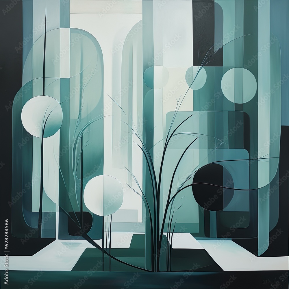 abstract painting, Tranquil Cubist depiction of nature using a ...