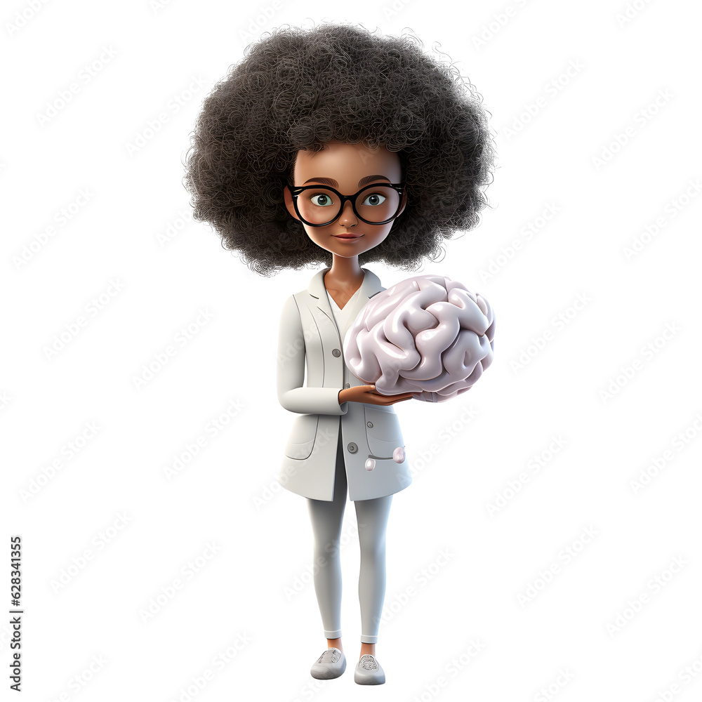 3D cartoon character doctor young woman standing holding brain health ...