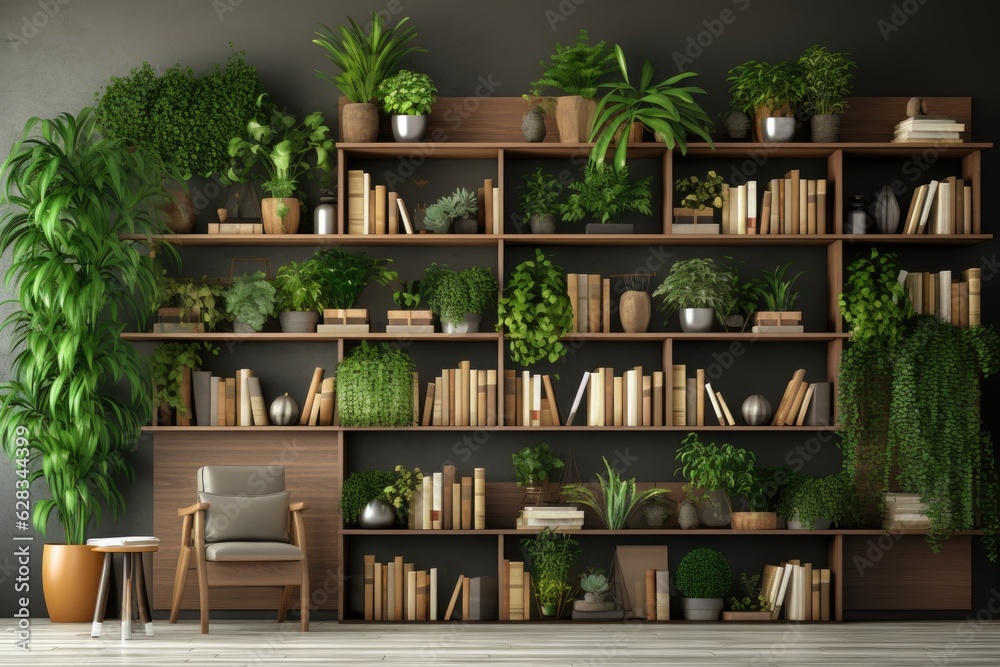 A contemporary-style bookshelf adorned with plants that serves as a ...