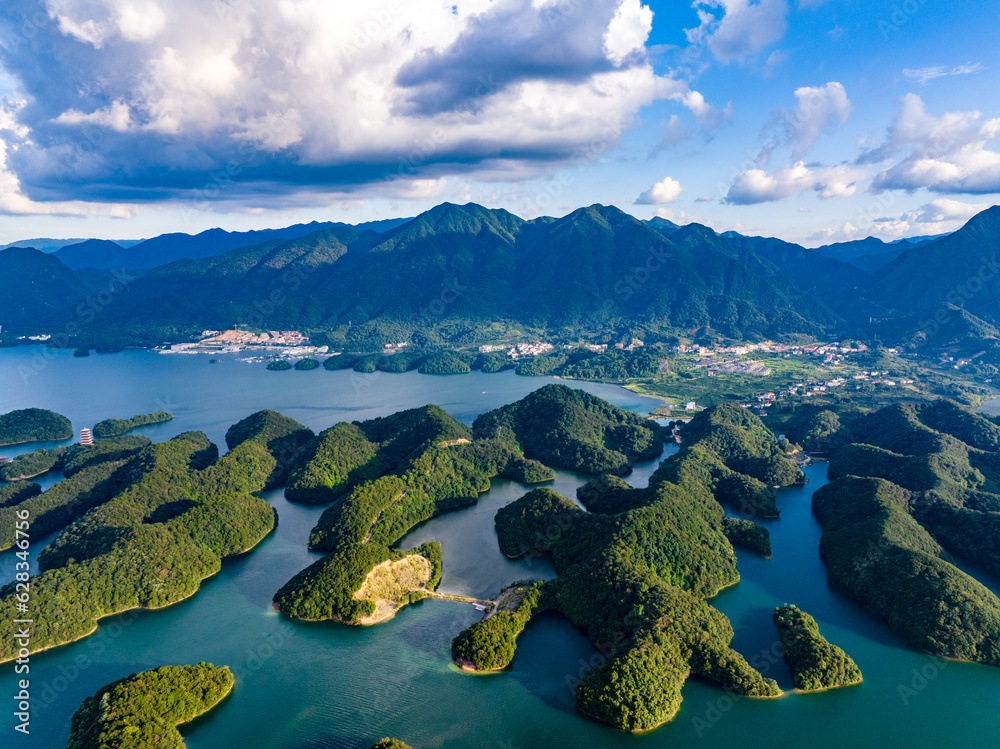 blue sky and white clouds,Aerial photography of Qiandao Lake landscape ...