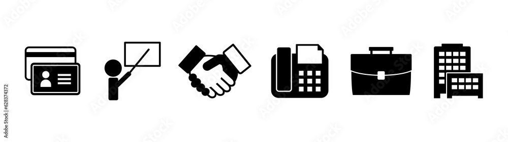 Six business icon set. ID Card, Presentation, Handshake, Facsimile ...