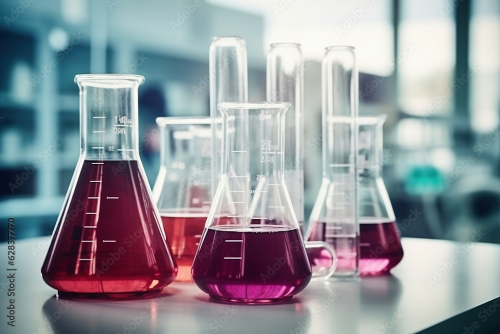 Glass flasks for liquid samples of reagents. Laboratory equipment for ...