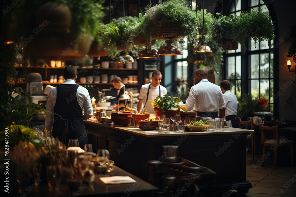 restaurant's ambiance with a bustling background. Diners savoring ...