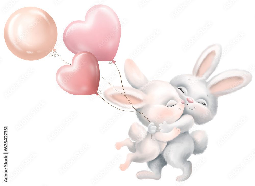 Cute two rabbits hugs and kissing with balloons, love of white bunny ...