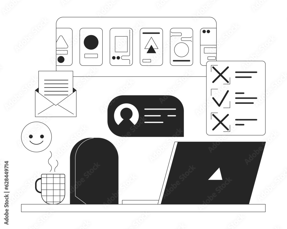 Workplace bw concept vector spot illustration. Home office and ...