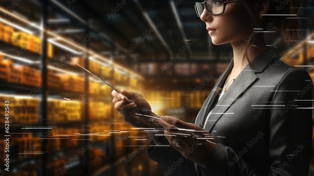 female data scientist expertly using a complex minority report style ...