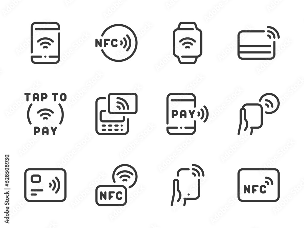 NFC and Contactless Payment vector line icons. Credit Card and Cashless ...