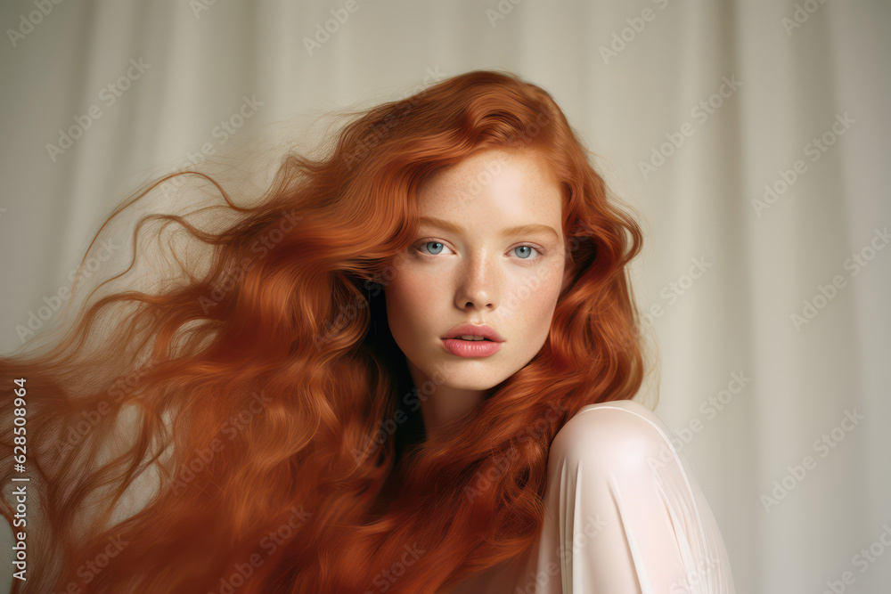 portrait of a woman/model in a close up with long copper red hair in a ...