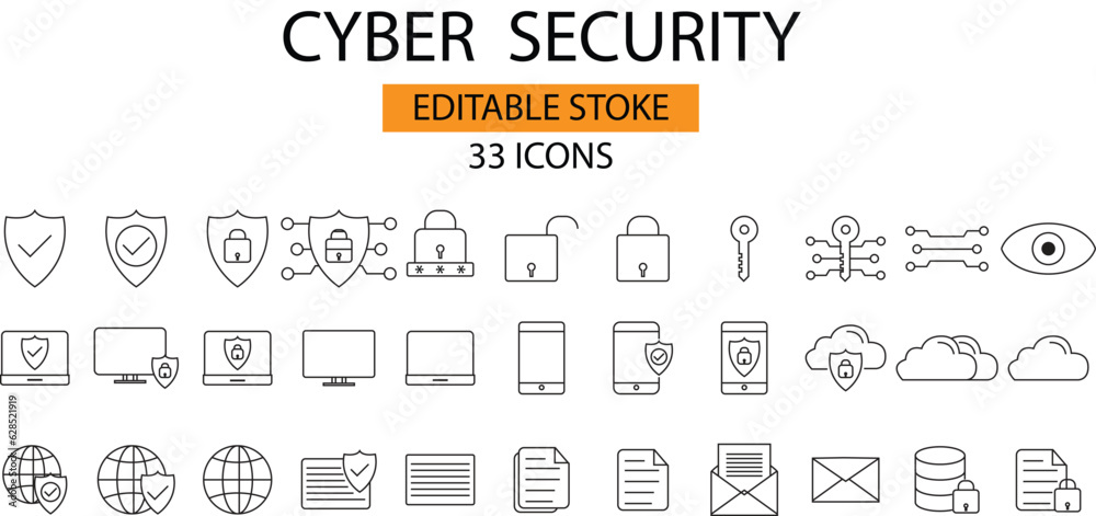 Vector set of security line icons. Contains icons digital lock, cyber ...