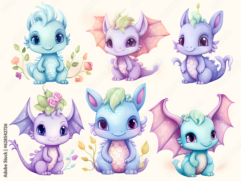 Baby dinosaur dragons watercolor clipart set. Colorful pastel clipart ...