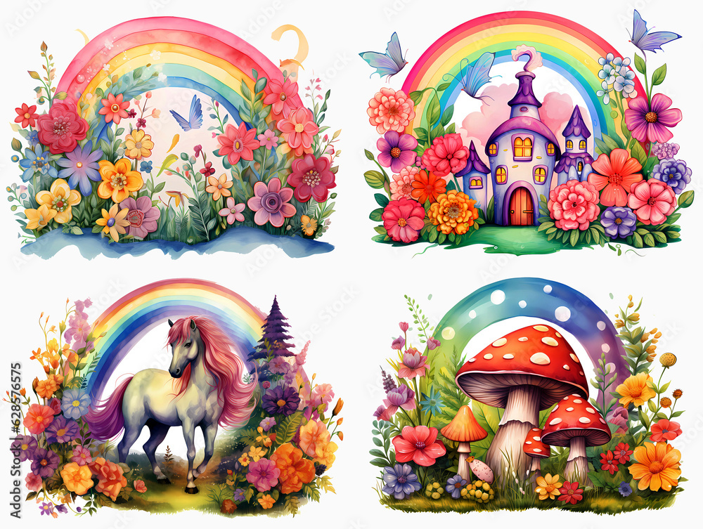 Rainbows clipart set. Colorful rainbows, unicorn, castle and mushroom ...