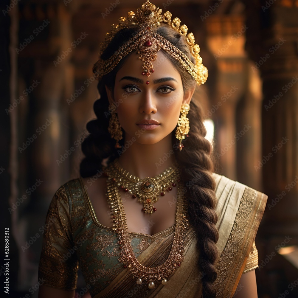 Beautiful Indian princess wearing a traditional dress and ornate gold ...