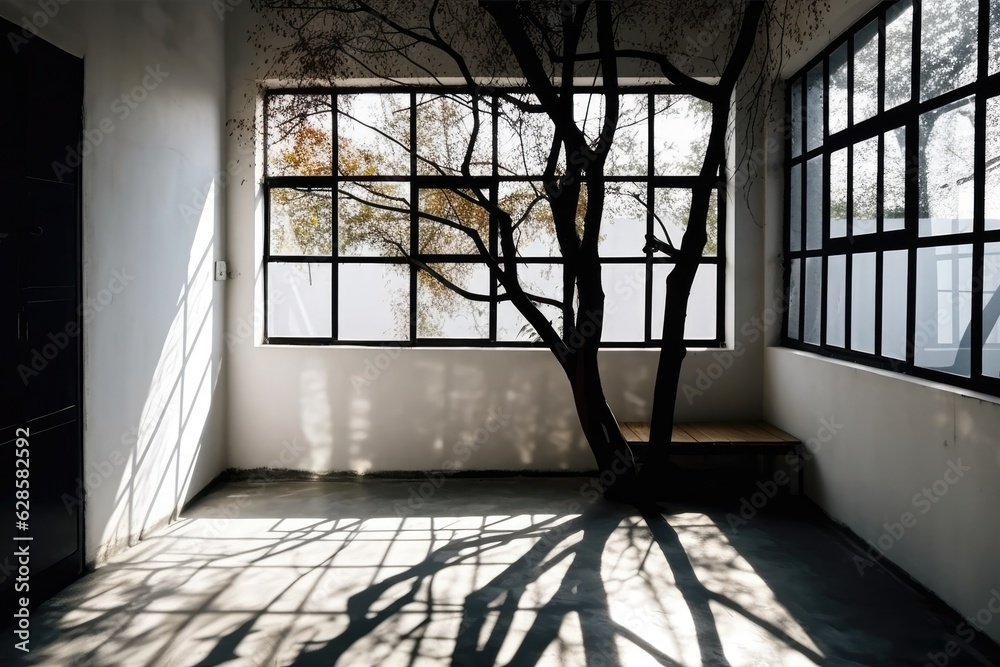 illuminates shadows. Black shadow from the window overlaid with ...