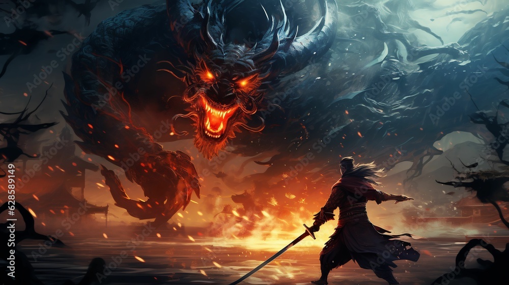 AI generated illustration of a fierce knight in battle against a ...