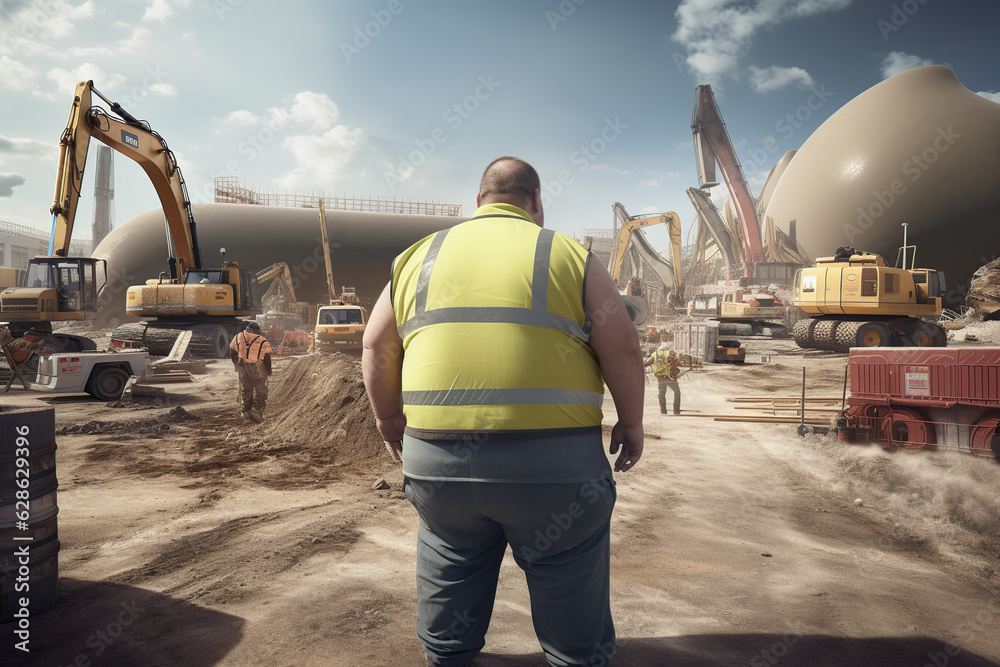 fat men construction worker is looking at crane Stock Illustration ...