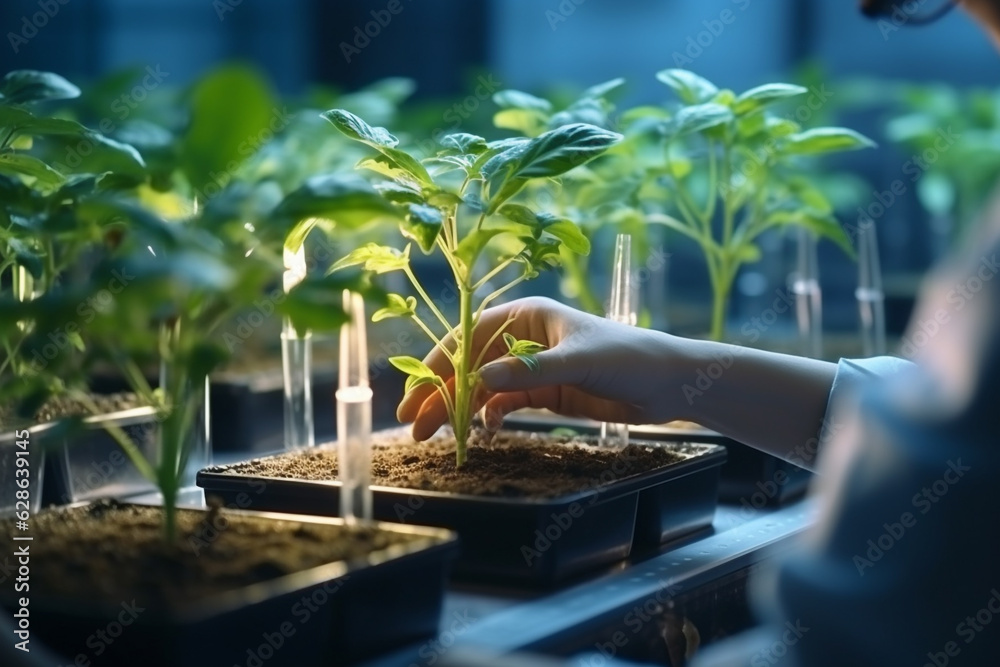Science, environment and biotechnology concept. Growing and studying ...