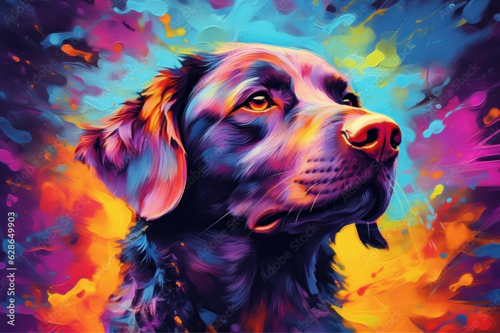 Multi coloured illustration art, the head of a labrador dog painted ...