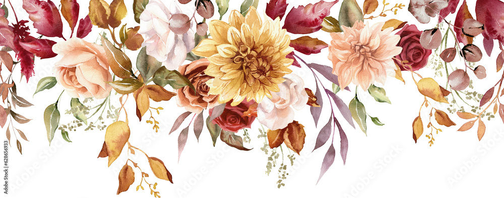 Autumn floral seamless border frame PNG. Fall leaves and flowers ...