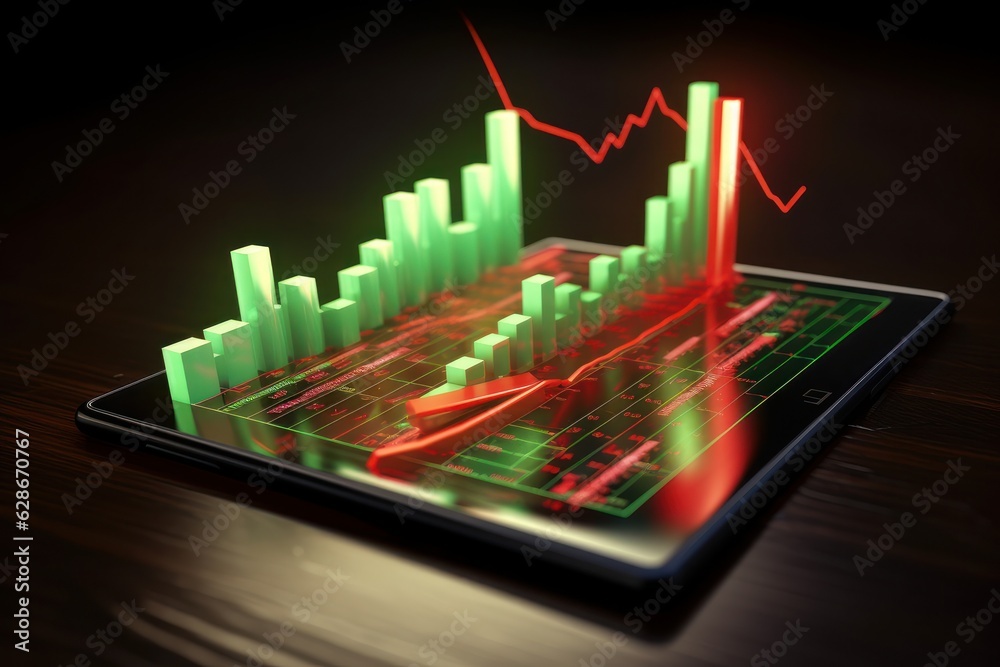 Tablet with financial rise and fall chart. Green and red 3D graphs of ...