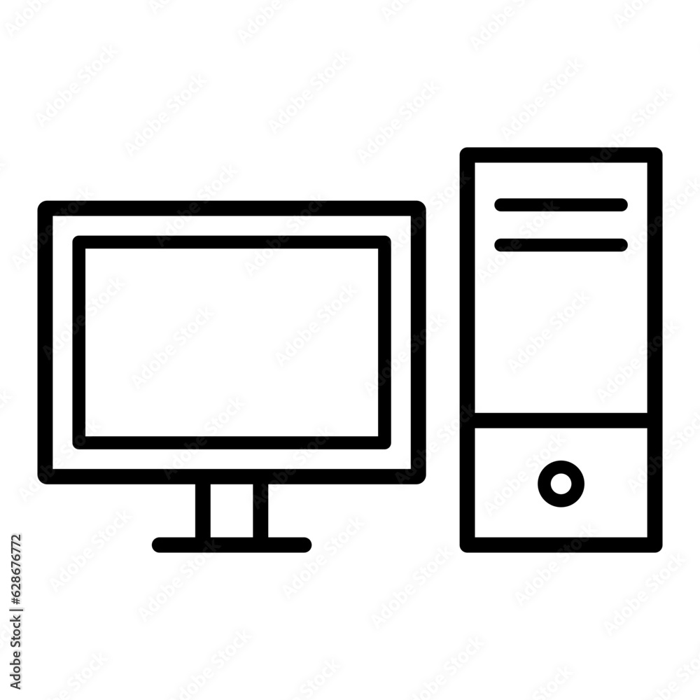 Black single pc desktop monitor line icon, simple digital device flat ...