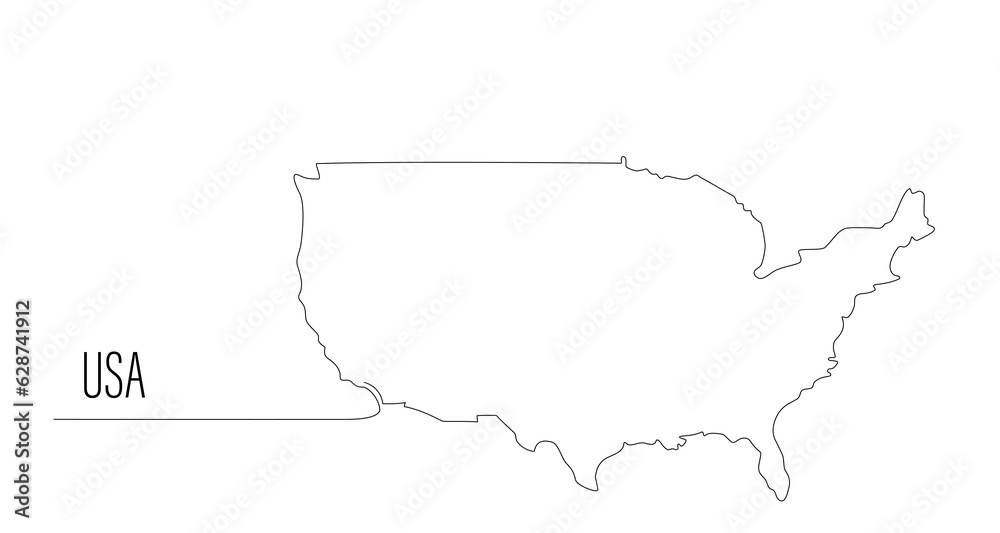 USA map one continuous line drawing. Country single line contour map ...
