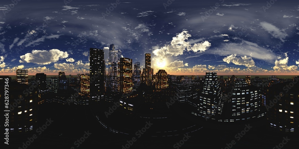 Night city, Cityscape, Environment map. HDRI map. Equirectangular ...