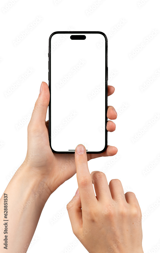 Berlin, Germany July 15 2023 Iphone 14 pro max mockup, click finger on ...