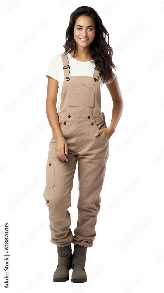 Woman craftswoman worker wearing a beige overalls , full body view ...