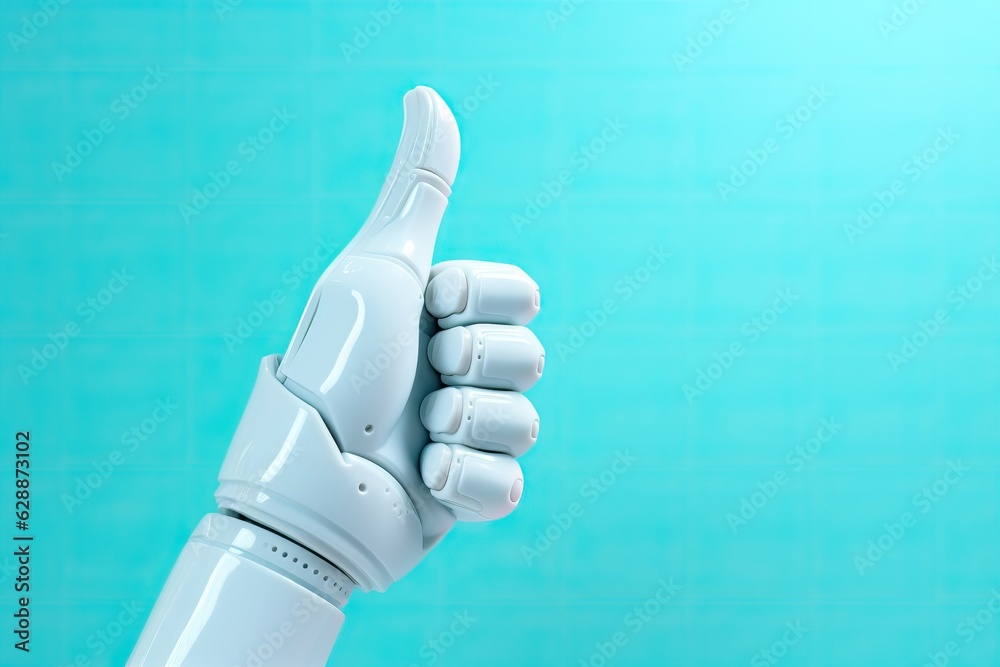 High detailed robot hand thumb up isolated on bright blue background ...