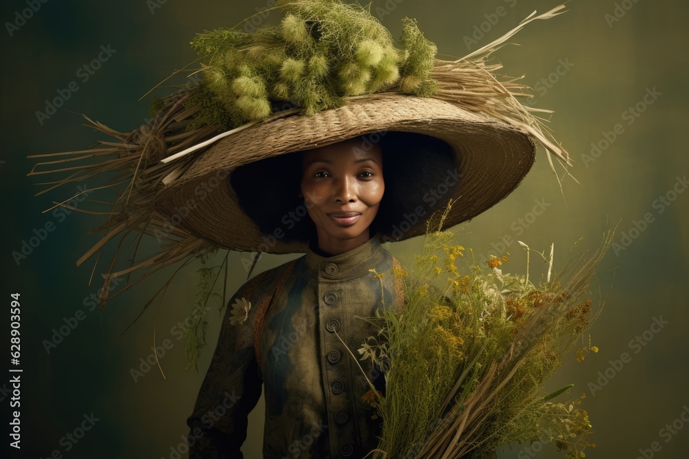 African American woman with naturally curly hair wearing a wide-brimmed ...